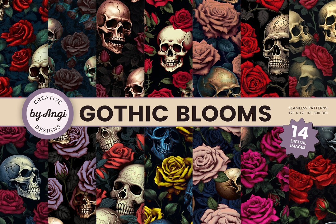 Gothic Bloom Bundle: Bold & Edgy Skull and Rose Seamless Digital Patterns for Creative Projects ...
