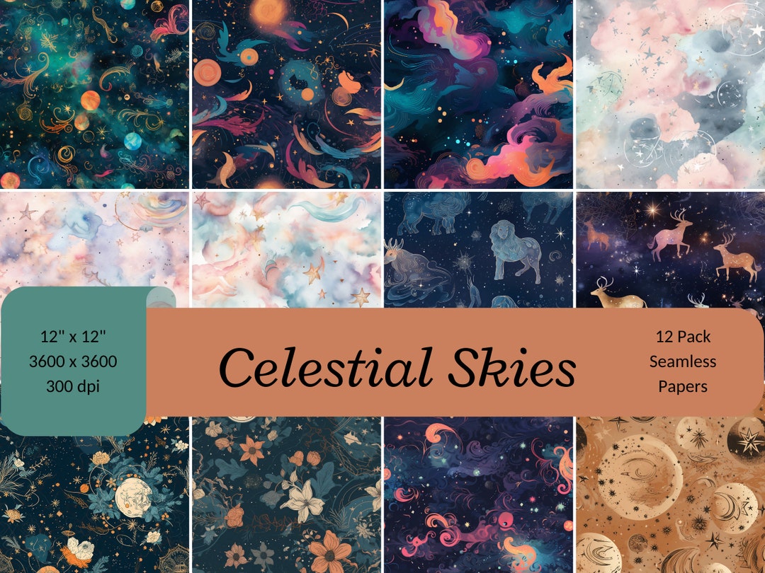 Celestial Night Sky Seamless Digital Paper, Star Constellation Design ...
