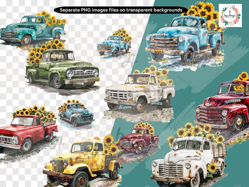 Vintage Truck & Sunflower Clipart Bundle - Watercolor Trucks With ...