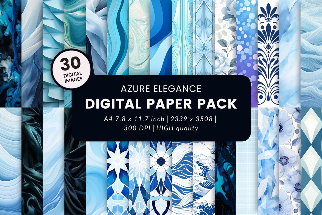Azure Elegance, Chic Digital Art Set, 30 A4 High-res JPG Files, Modern Printable Designs, Blue ...