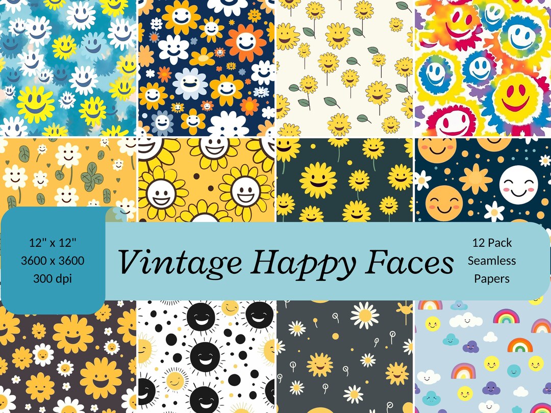 Vintage Happy Face Digital Paper Pack: Seamless Patterns for ...
