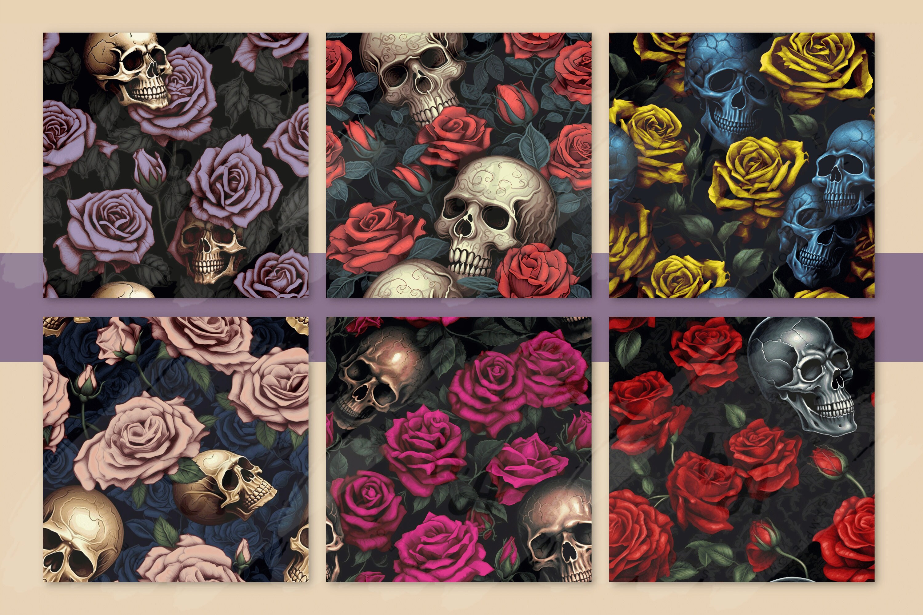 Gothic Bloom Bundle: Bold & Edgy Skull and Rose Seamless Digital ...