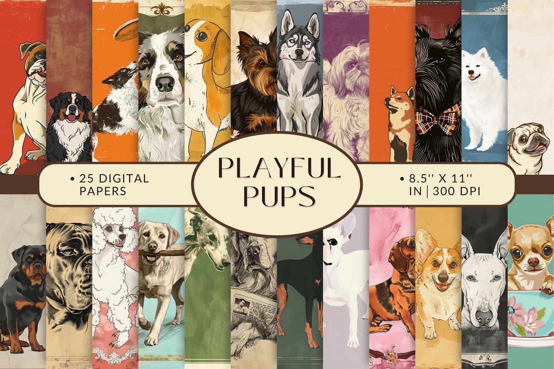 25 Playful Dog Digital Papers, Cartoon & Illustrated Styles, Junk ...