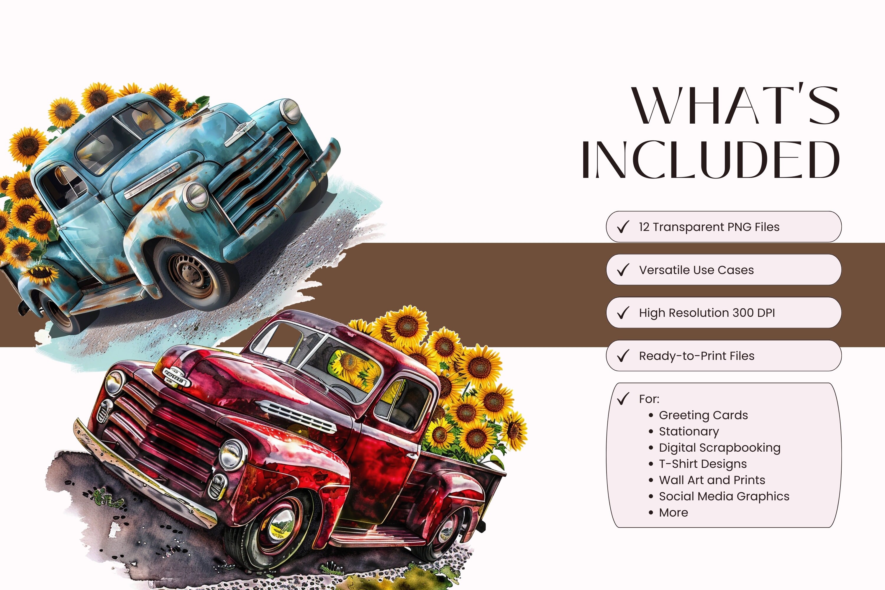 Vintage Truck & Sunflower Clipart Bundle - Watercolor Trucks With ...