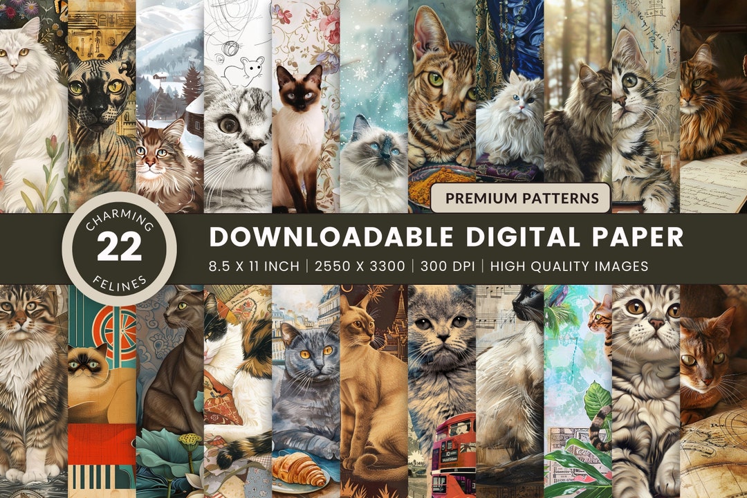 22 Cat Digital Papers Bundle - Printable Junk Journal Kit, High ...