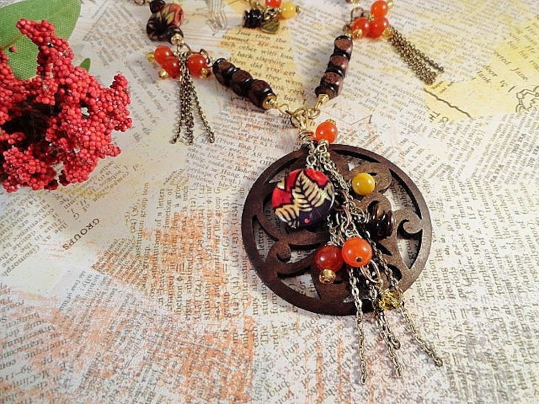 Fall Necklace Rustic Jewelry Carved Wood Pendant Necklace Fall Colors ...