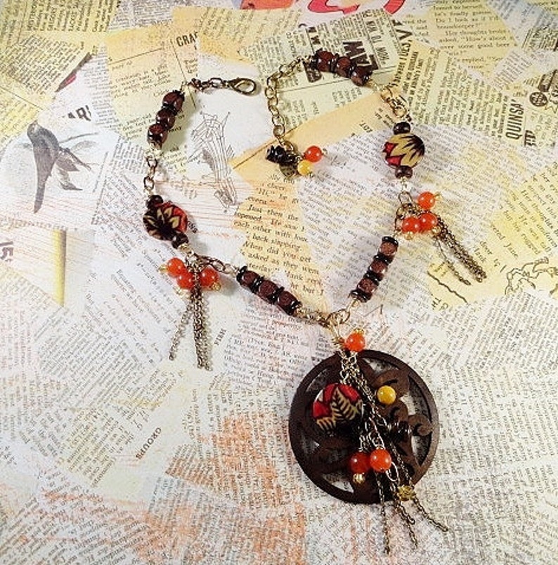 Fall Necklace Rustic Jewelry Carved Wood Pendant Necklace Fall Colors ...