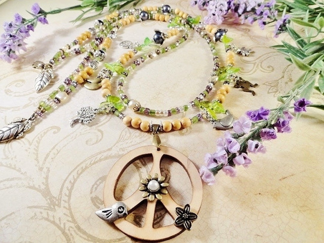 Peace Sign Necklace Set Charm Necklace Long Necklace Two Strand ...