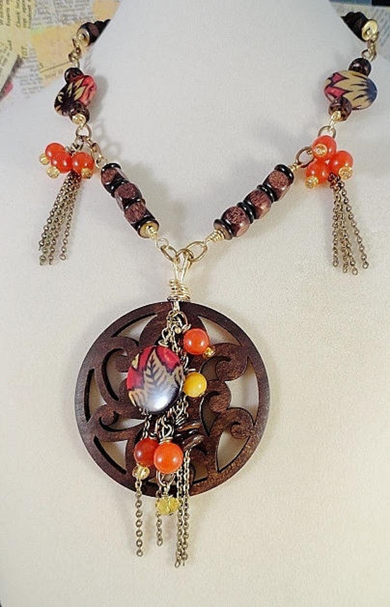 Fall Necklace Rustic Jewelry Carved Wood Pendant Necklace Fall - Etsy