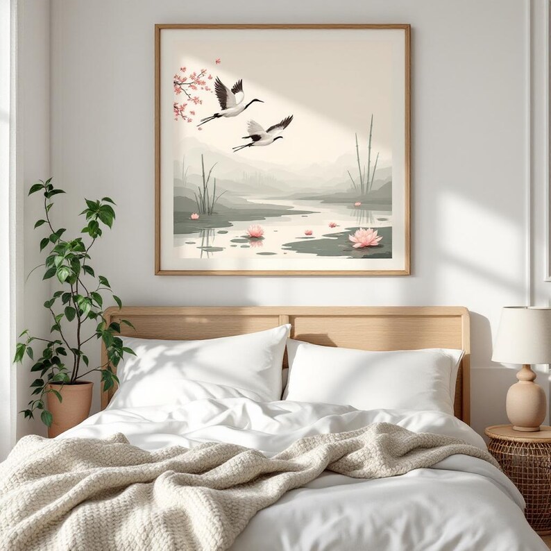 Japanese Crane Print in Botanical Garden, Ukiyo-e Style, Printable Art ...