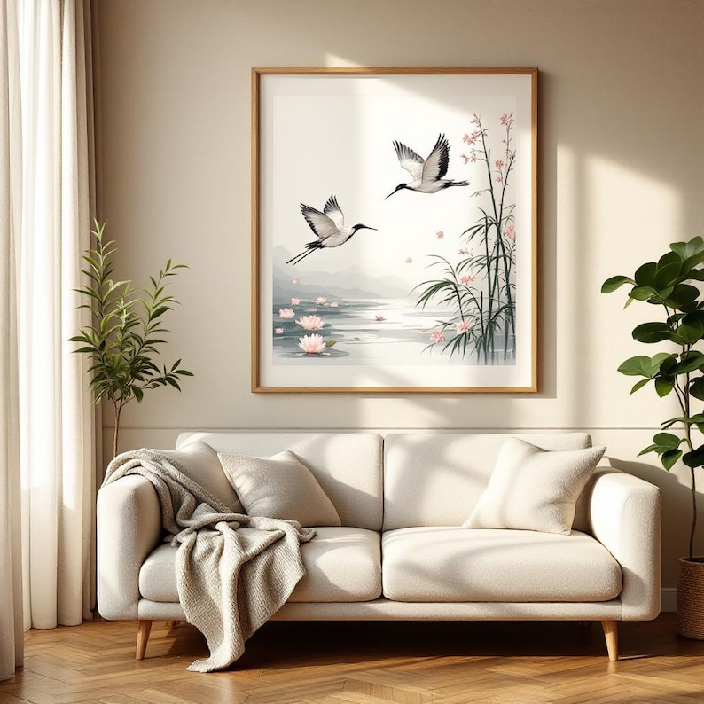 Japanese Crane Print in Botanical Garden, Ukiyo-e Style, Printable Art ...