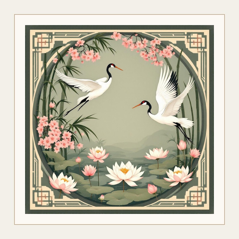 Japanese Crane Print in Botanical Garden, Ukiyo-e Style, Printable Art ...