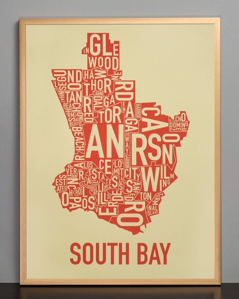 South Bay, Los Angeles Area Typographic Map Print, South Bay California ...