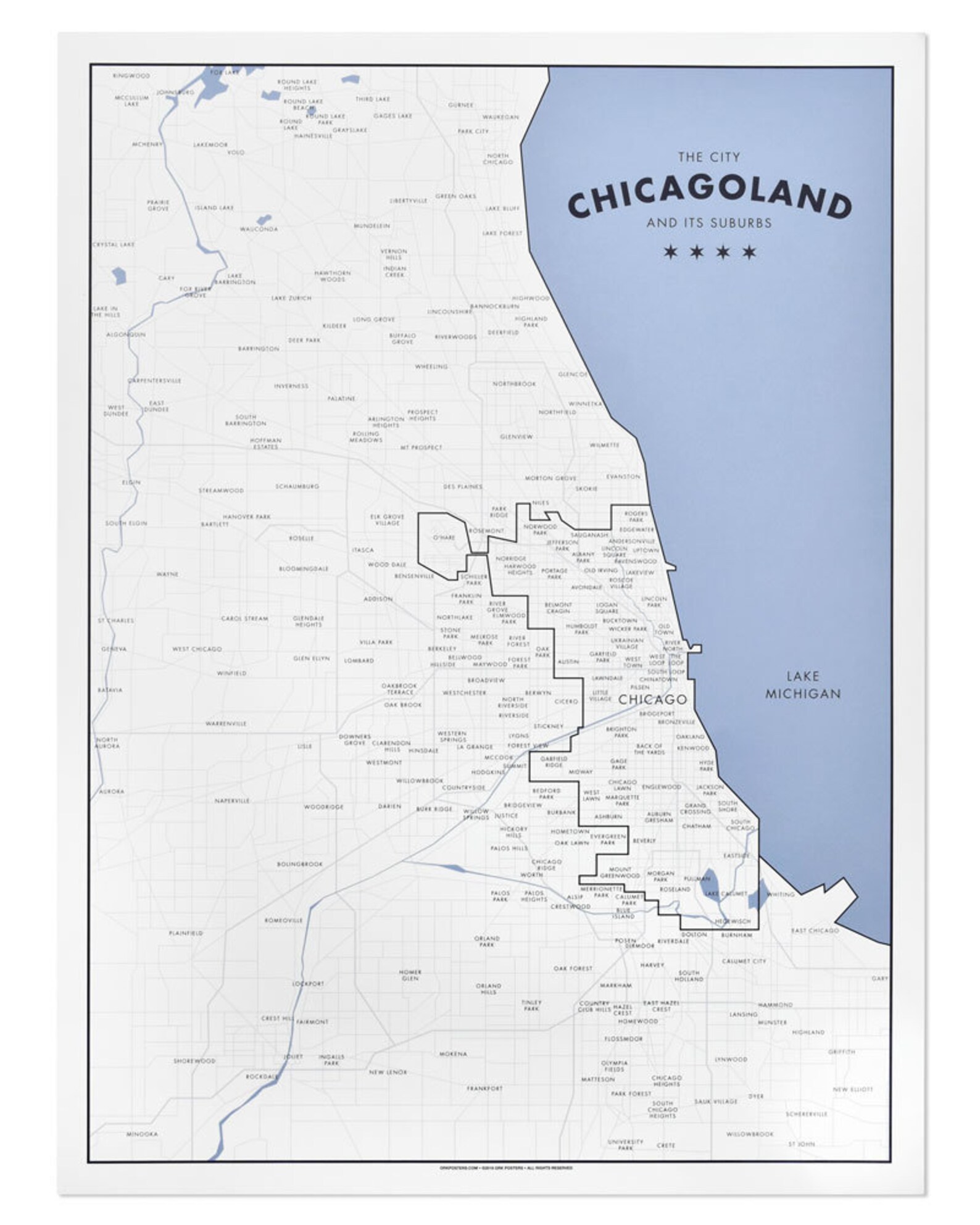 Chicago and Suburbs Map 18" X 24" Poster / Minimal Map of the ...