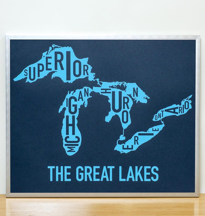 Great Lakes Typography Map Poster, Print or Letterpress, Original ...