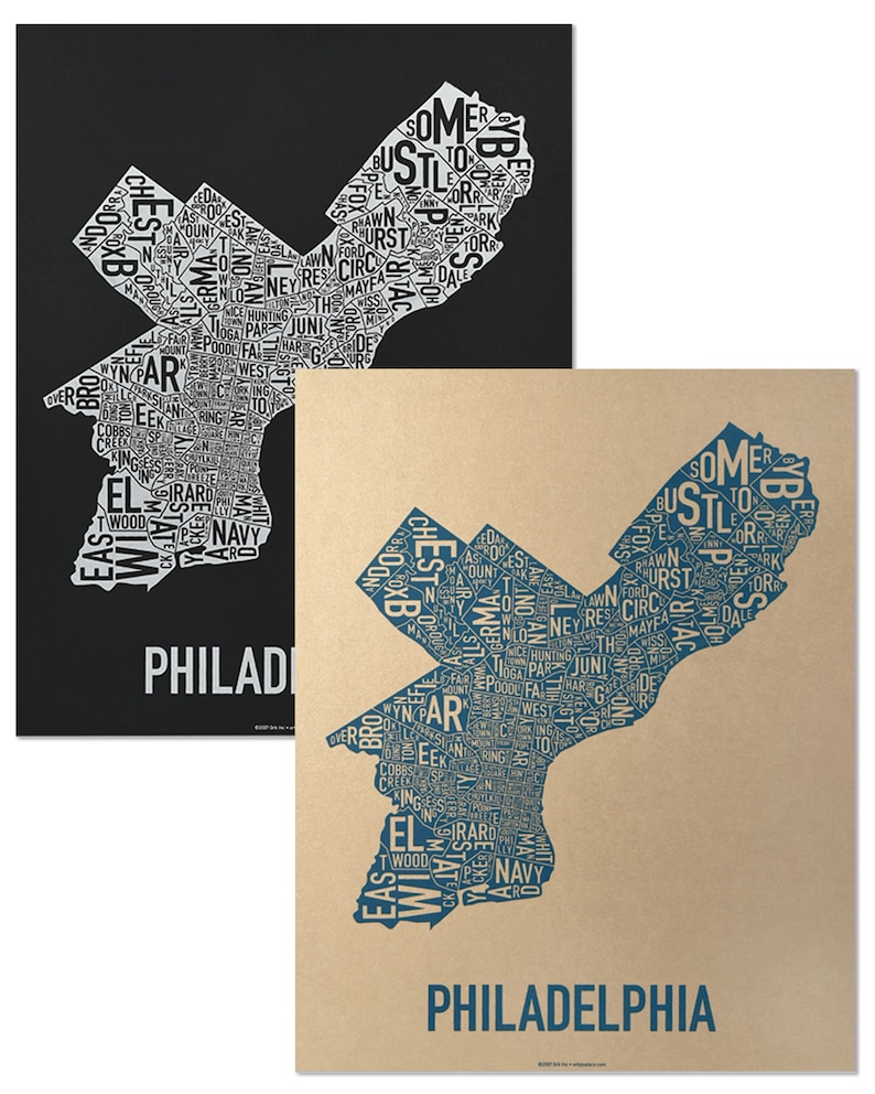 Philadelphia Neighborhood Map Poster or Print, Original Artist of Type ...