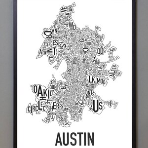 Austin Neighborhood Map Poster or Print, Original Artist of Type City ...