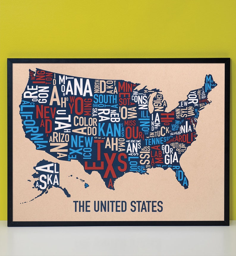 United States of America Typography State Map Poster or Print, Original ...
