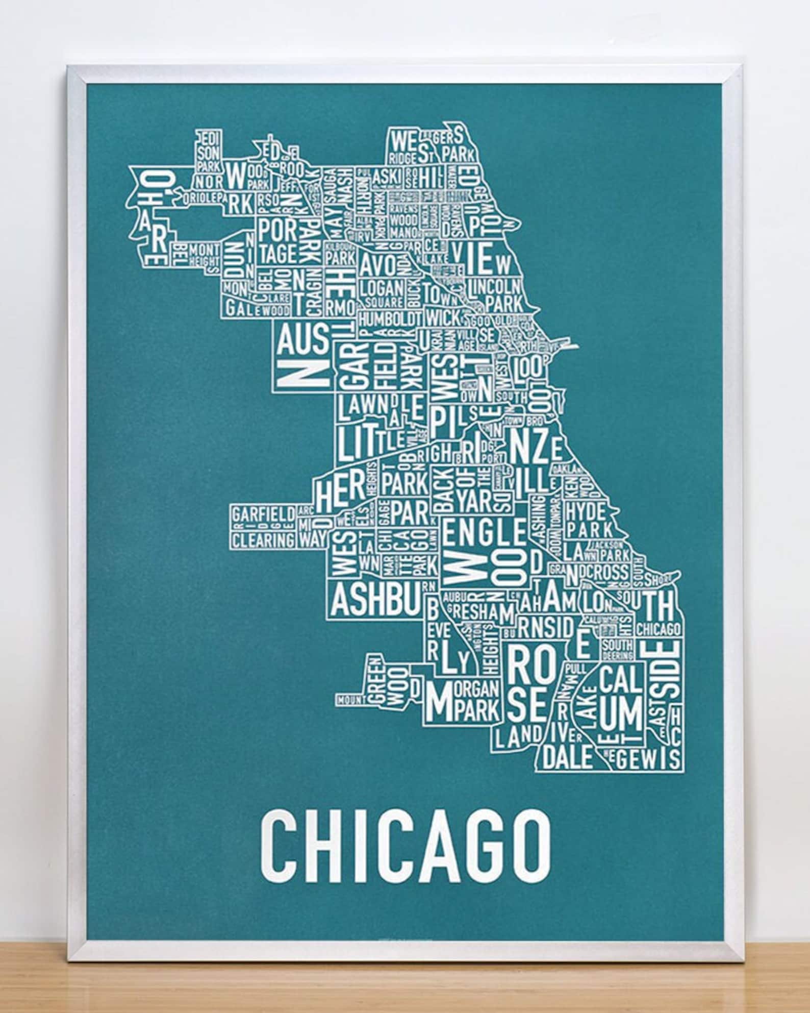 Chicago Neighborhood Map Poster, the Original Chicago Neighborhood Type ...