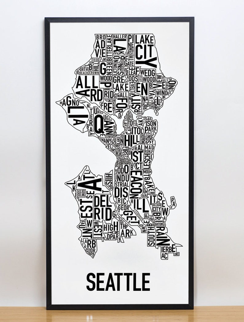Seattle Neighborhood Map Poster or Print, Original Artist of Type City ...
