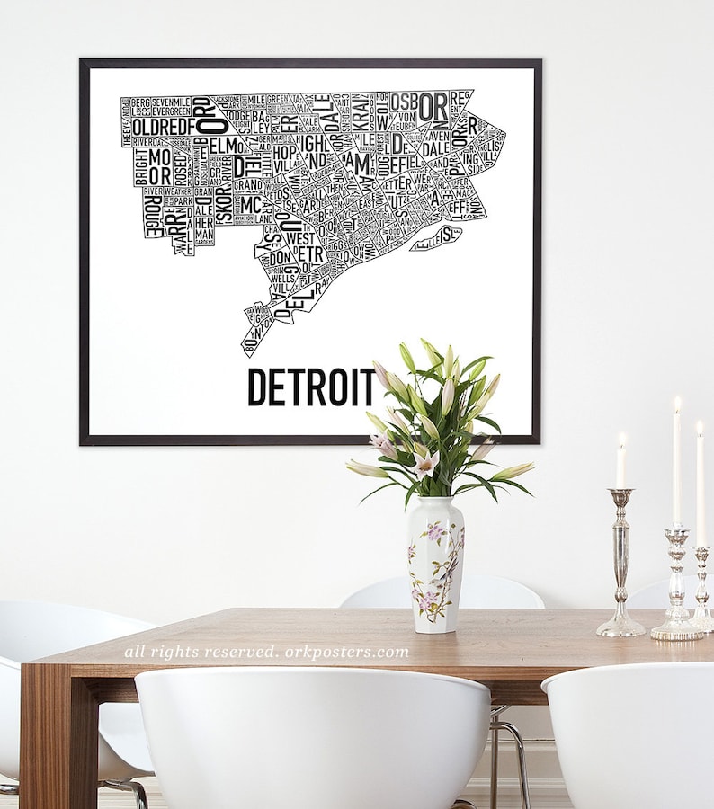 Detroit Neighborhood Map Poster or Print, Original Artist of Type City ...