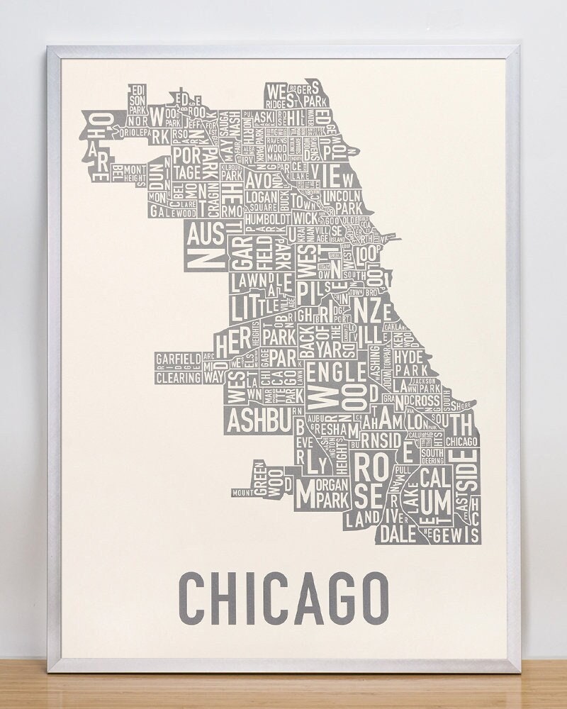 Chicago Neighborhood Map Screen Print, Original Chicago Typographic ...