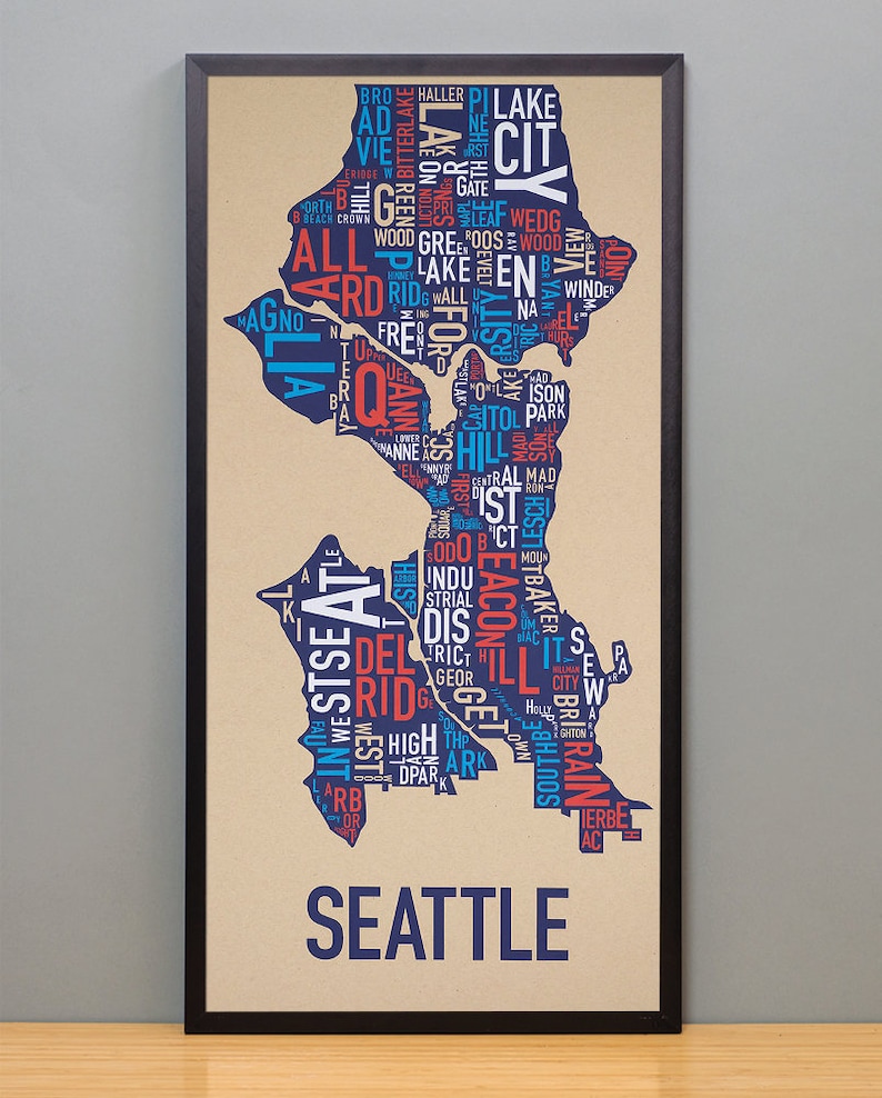 Seattle Neighborhood Map Poster or Print, Original Artist of Type City ...