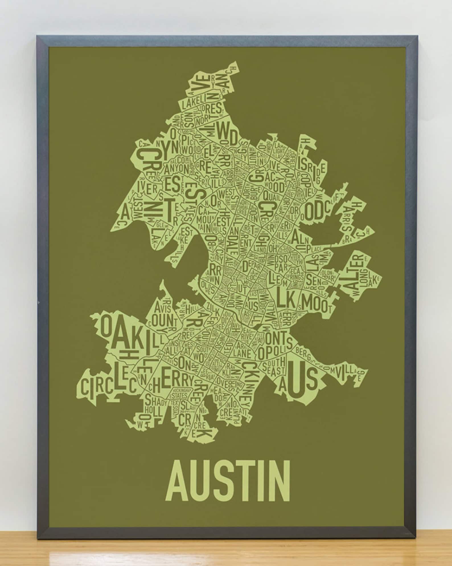 Austin Neighborhood Map Poster or Print, Original Artist of Type City ...