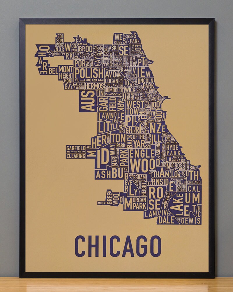 Chicago Neighborhood Map Screen Print, Original Chicago Typographic ...