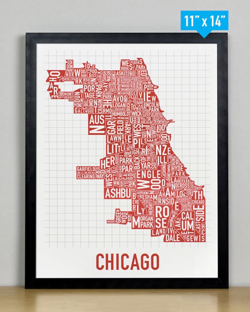 Chicago Neighborhood Map Poster, the Original Chicago Neighborhood Type ...