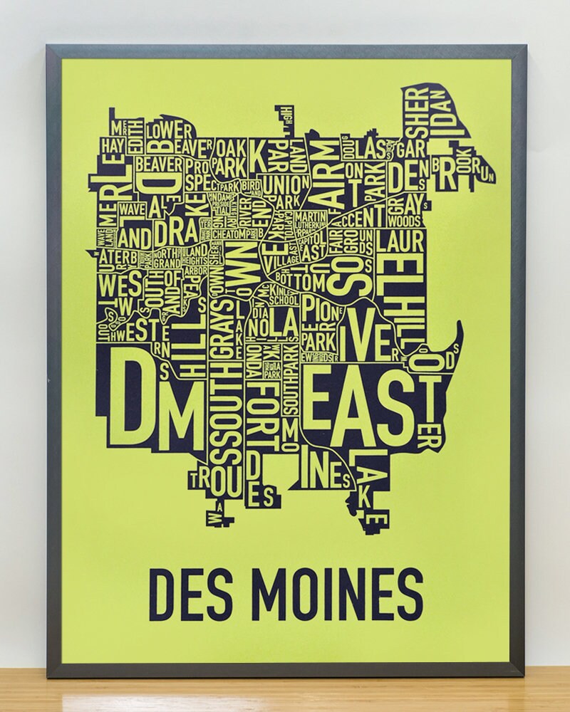 Des Moines Typographic Neighborhood Map, Des Moines Iowa Artwork, Iowa ...