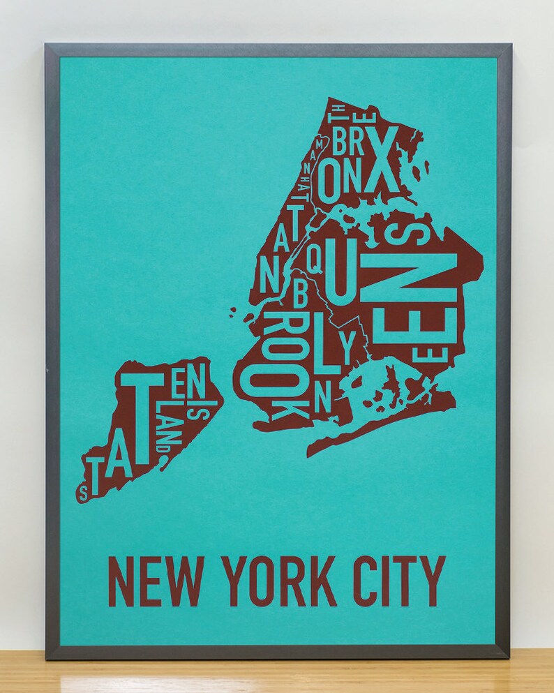 New York City NYC Borough Map Poster or Print, Original Artist of Type ...