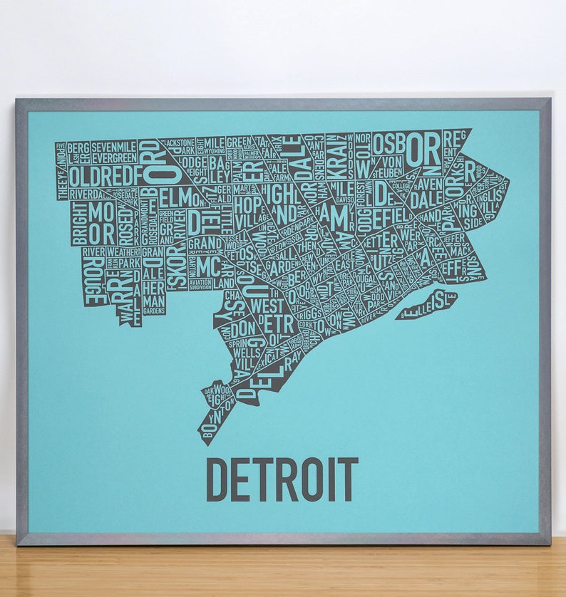 Detroit Neighborhood Map Poster or Print, Original Artist of Type City ...