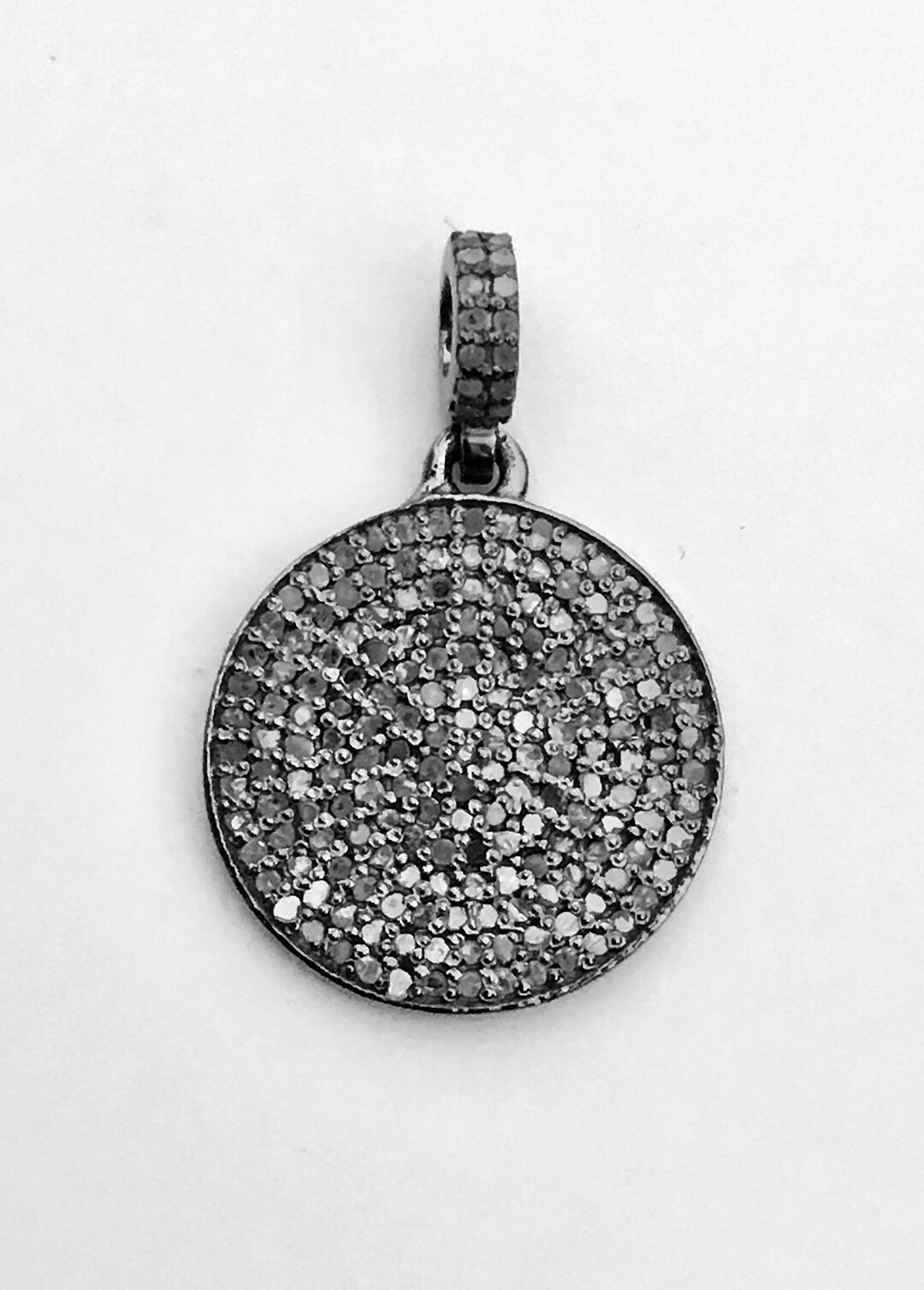 PAVE Diamond Disc Pendant 16MM Bail & Hoop 7MM Sterling Silver Black ...