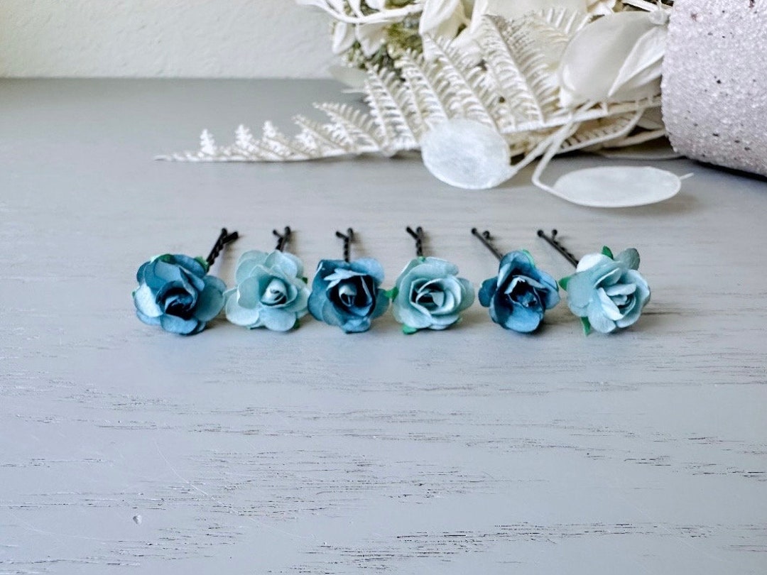 Blue Flower Hair Pin, Light Blue Rose Bridal Bobby Pins, Paper Flower ...