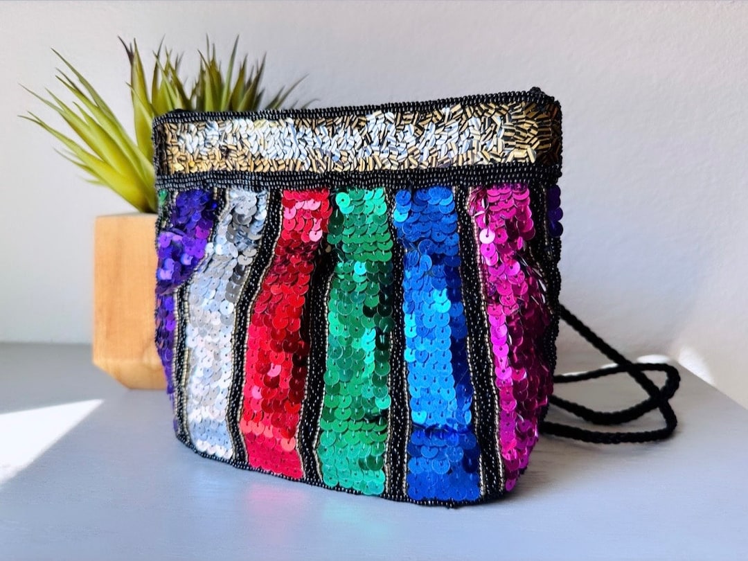 Rainbow Sequin Purse, Incredible 1980s Vintage Multicolor Sequin Beaded ...