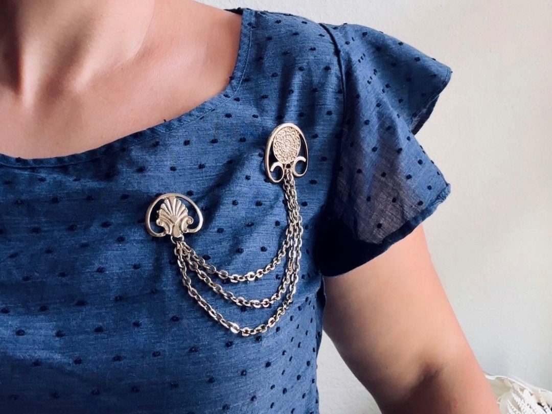 Gold Deco Sweater Pins, Classic Vintage Gold Cloak Clasp Chatelaine ...