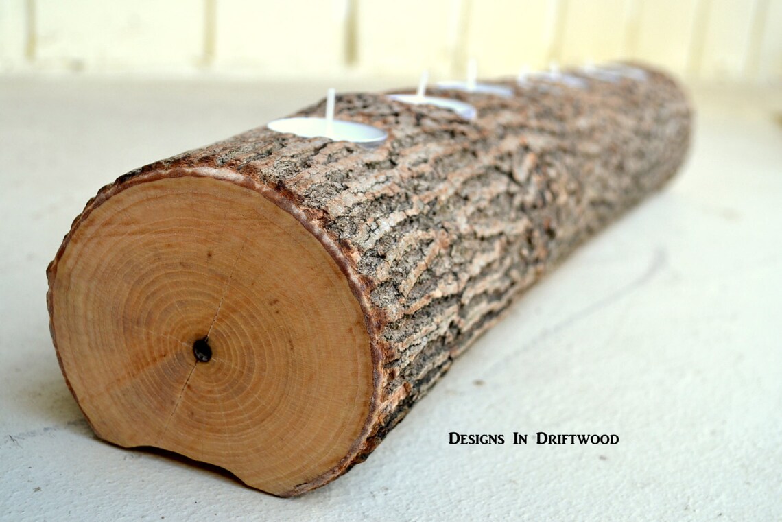 Large Rustic Log Candle Holder Centerpiece - Country Wood Candle Holder ...