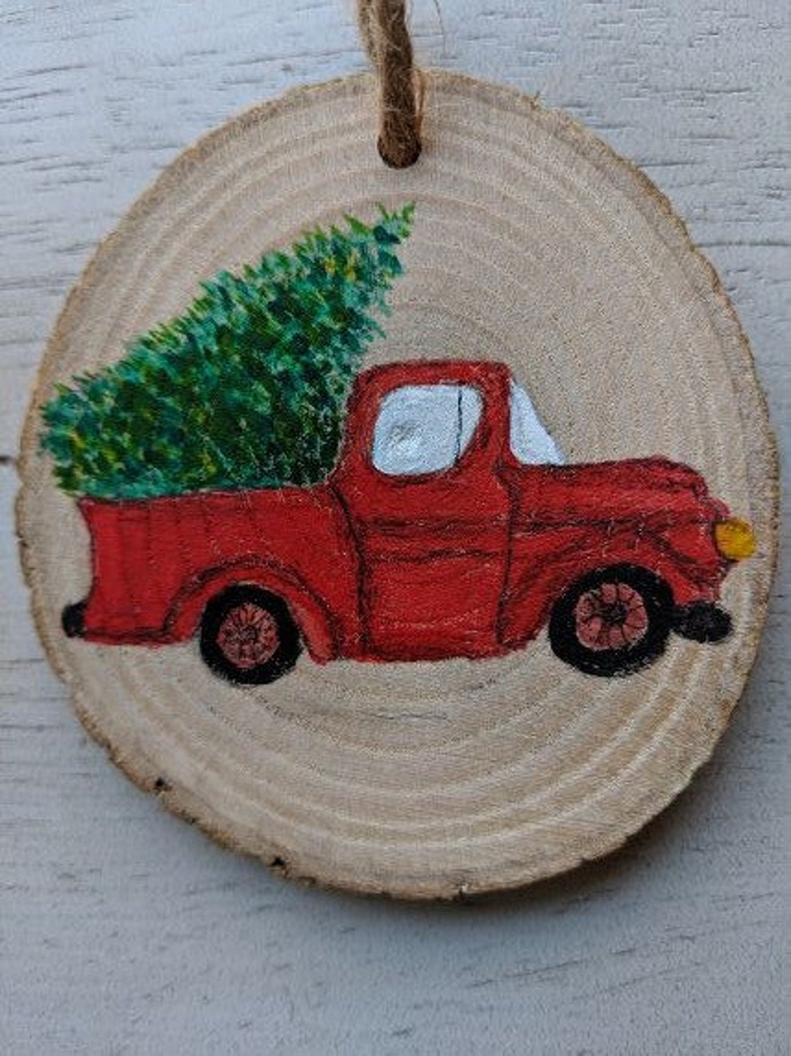Red Truck With Christmas Tree Ornament Hand Painted | Etsy
