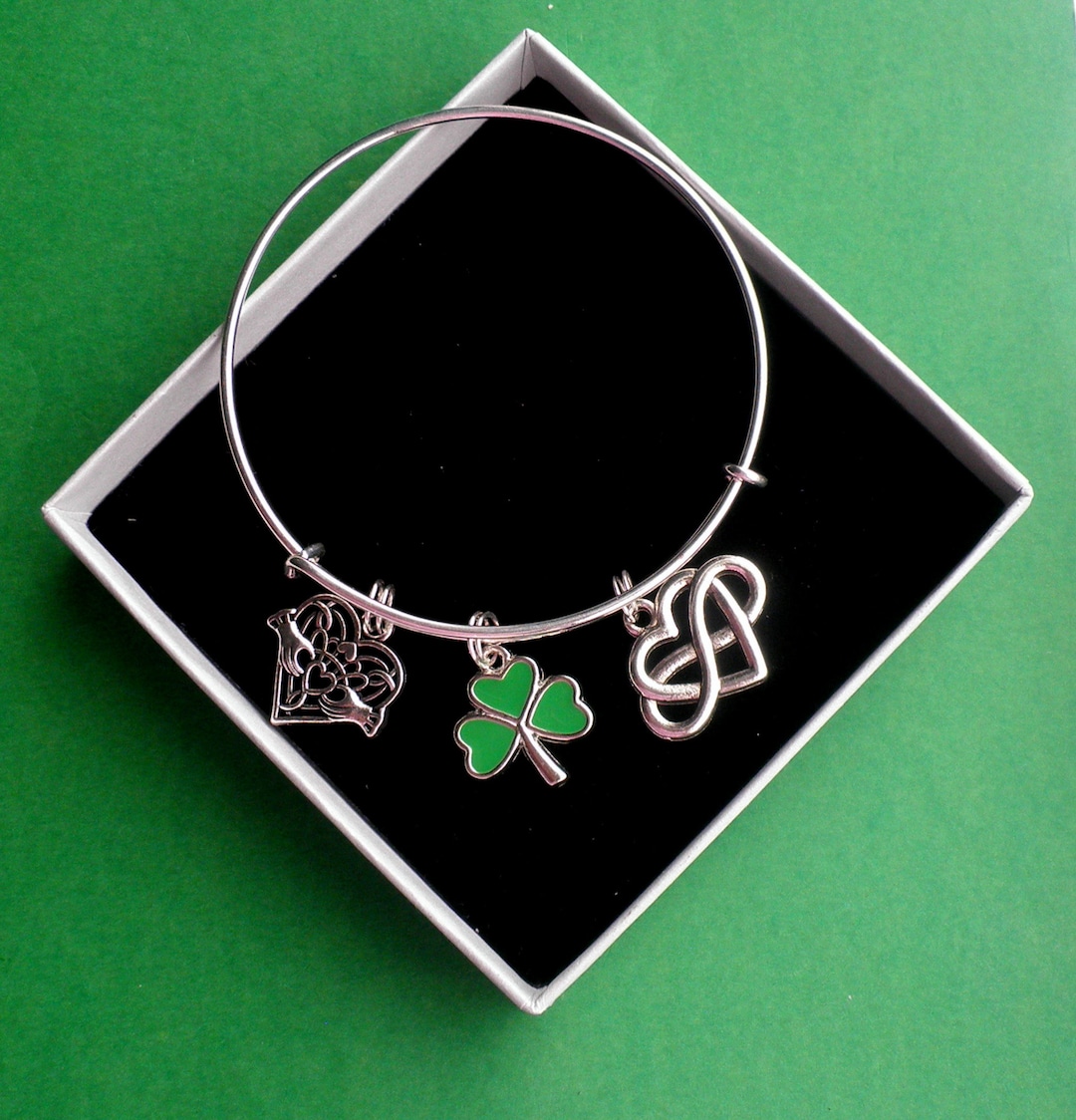 Irish Charm Bracelet, Green Enamel on Alloy Shamrock, Infinity Heart ...