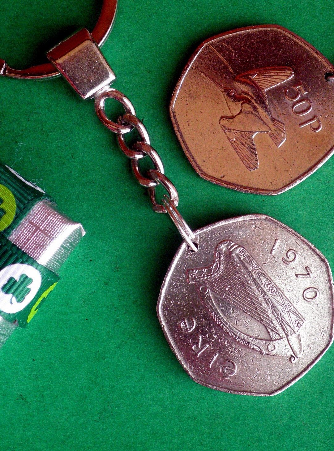 1970 Birthday Coin, 55th Irish Keychain, 50p Decimal Coin, Woodcock ...