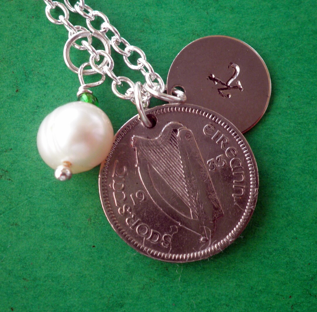 Personalized Irish Coin Necklace, Freshwater Pearl, Initial Disc ...