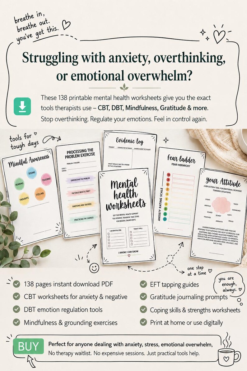 Mental Health Worksheets PDF | 138 Pages CBT DBT Mindfulness Anxiety ...