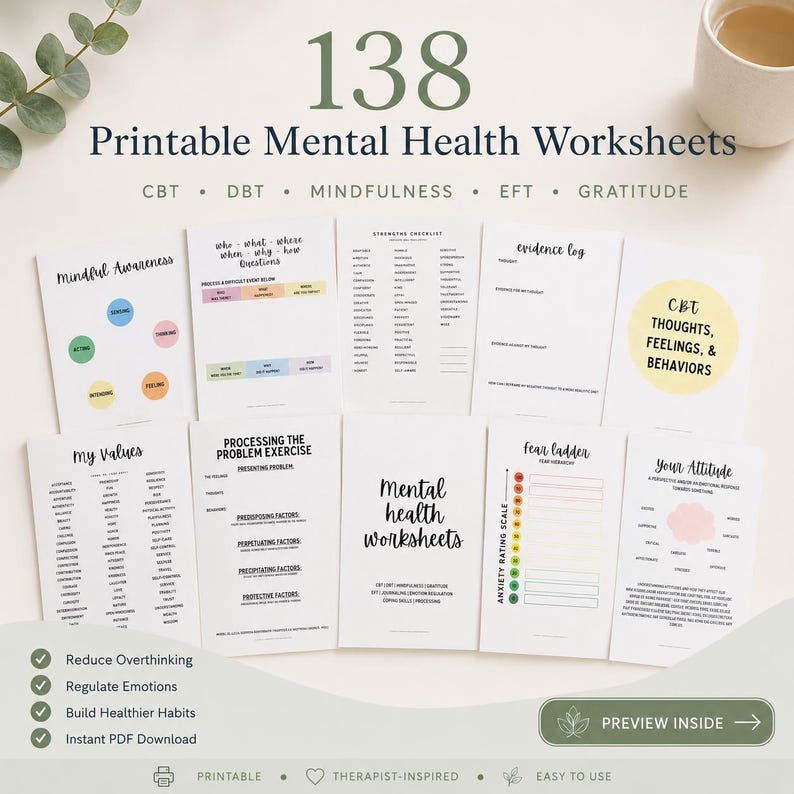 Mental Health Worksheets PDF | 138 Pages CBT DBT Mindfulness Anxiety ...