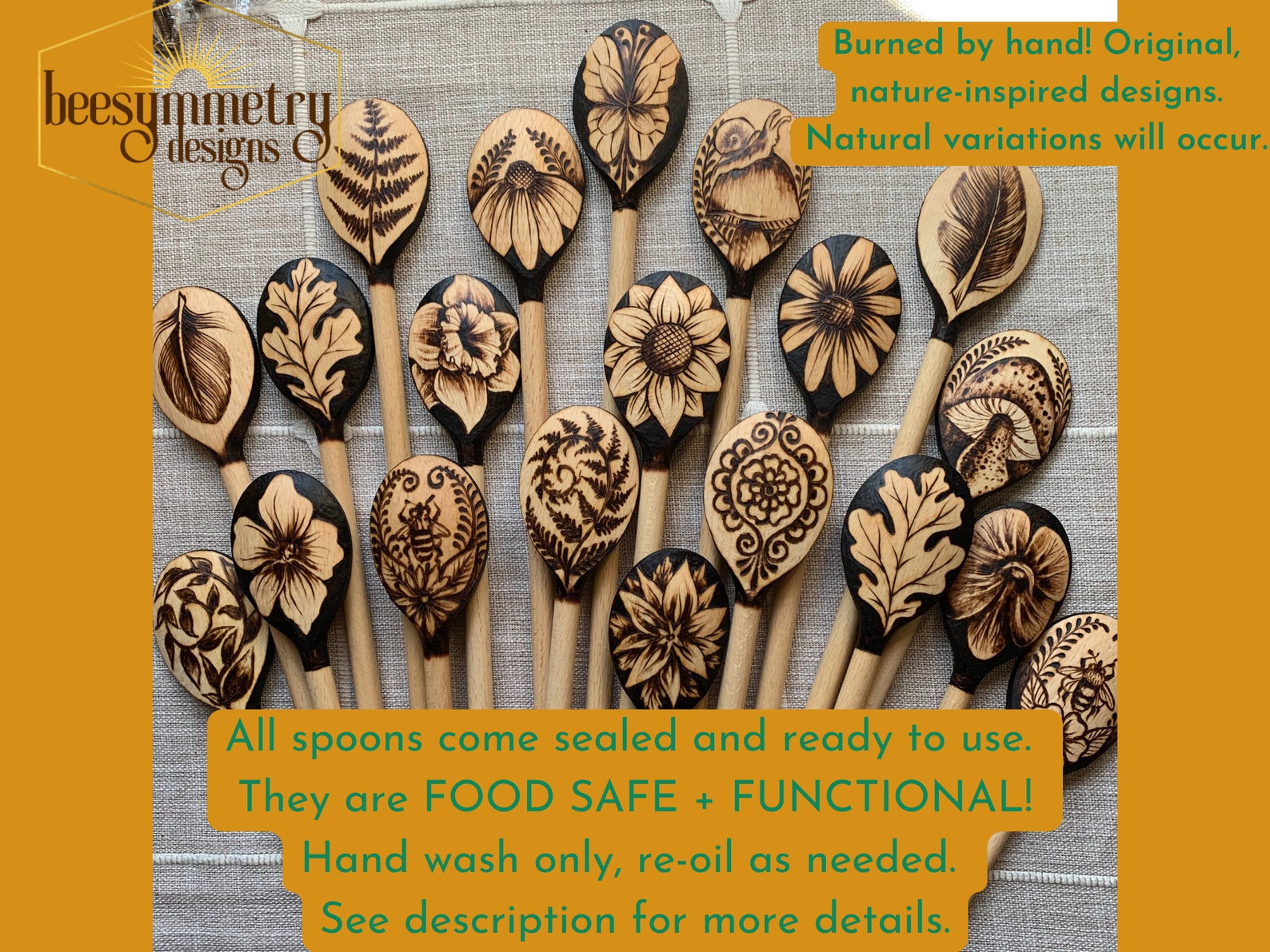 Woodburned Spoons - Nature Designs, Food Safe Wood Wooden Spoons for ...