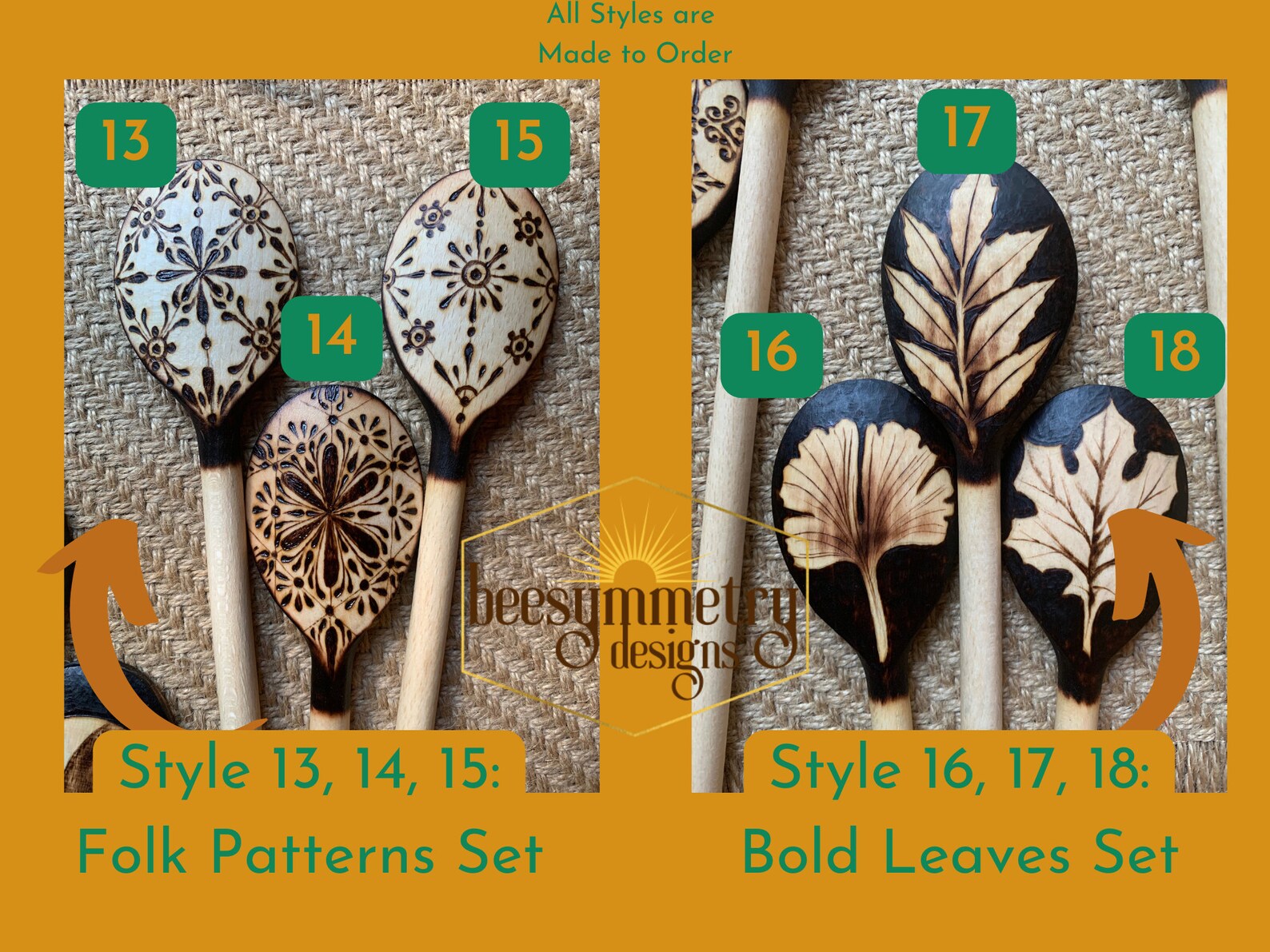 Woodburned Spoons - Nature Designs, Food Safe Wood Wooden Spoons for ...