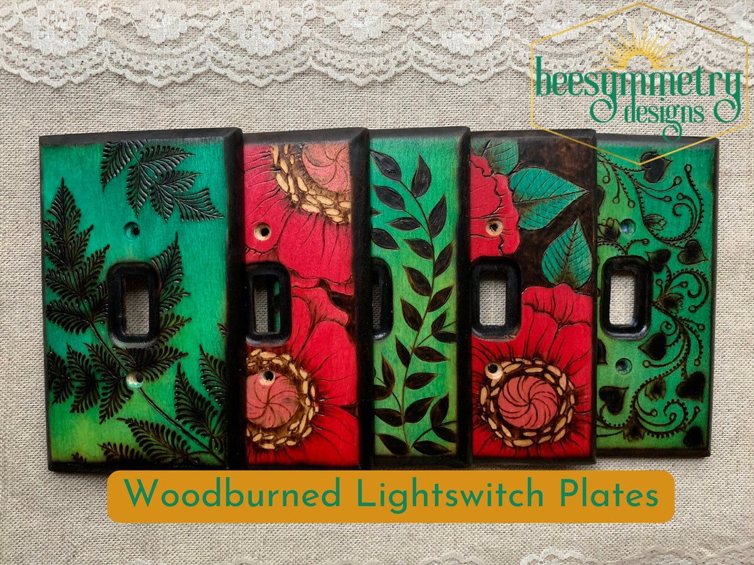 Lightswitch Covers Wood Burned With Ferns, Leaves and Poppy Flowers Red ...
