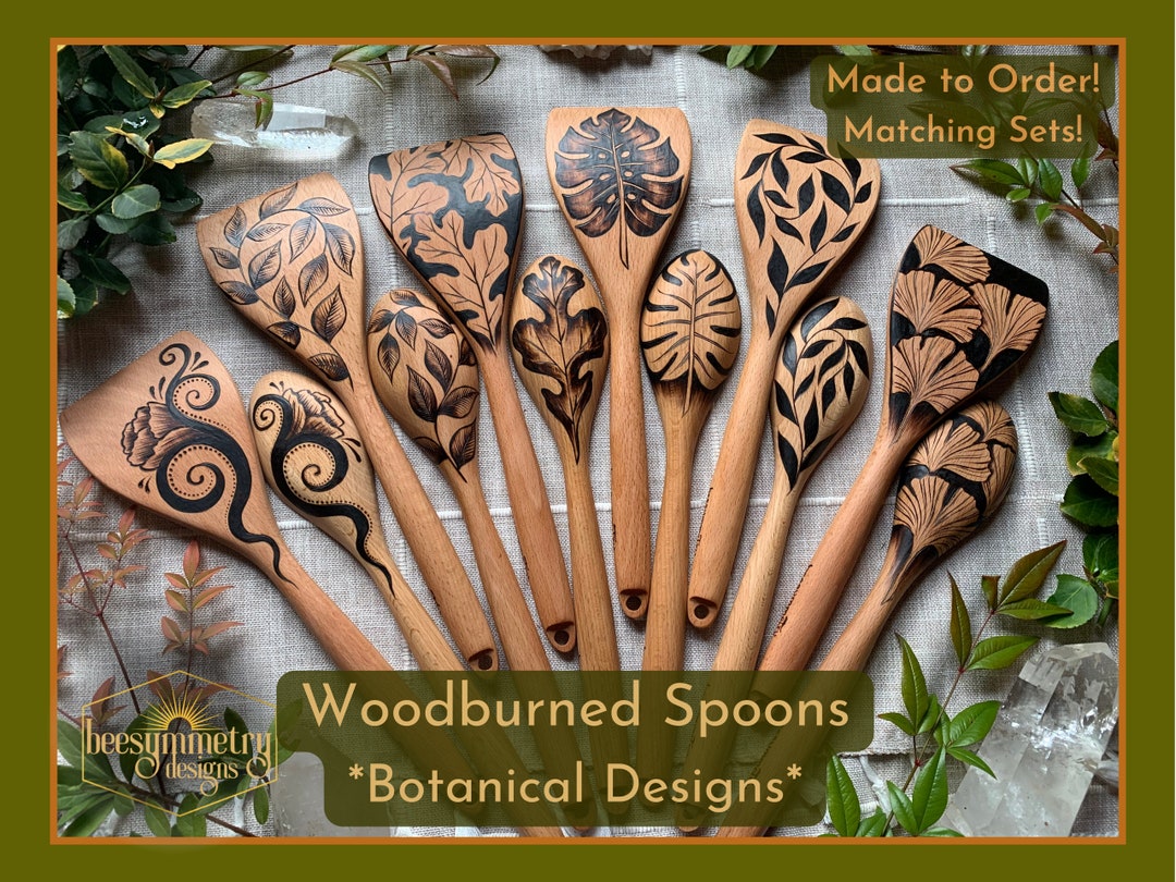 Woodburned Spoons - Botanical Leaf Designs, Food Safe Wood Wooden ...