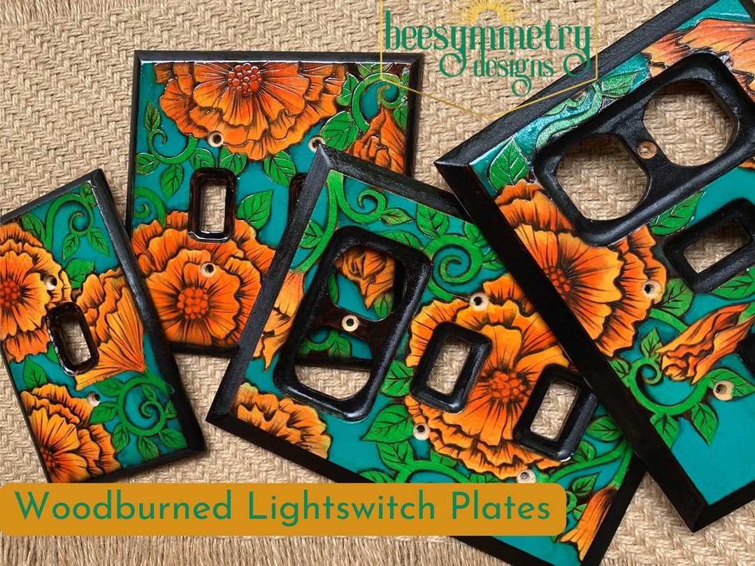 Wood Burned Light Switch Cover, Floral Pyrography, Orange Flowers Teal ...