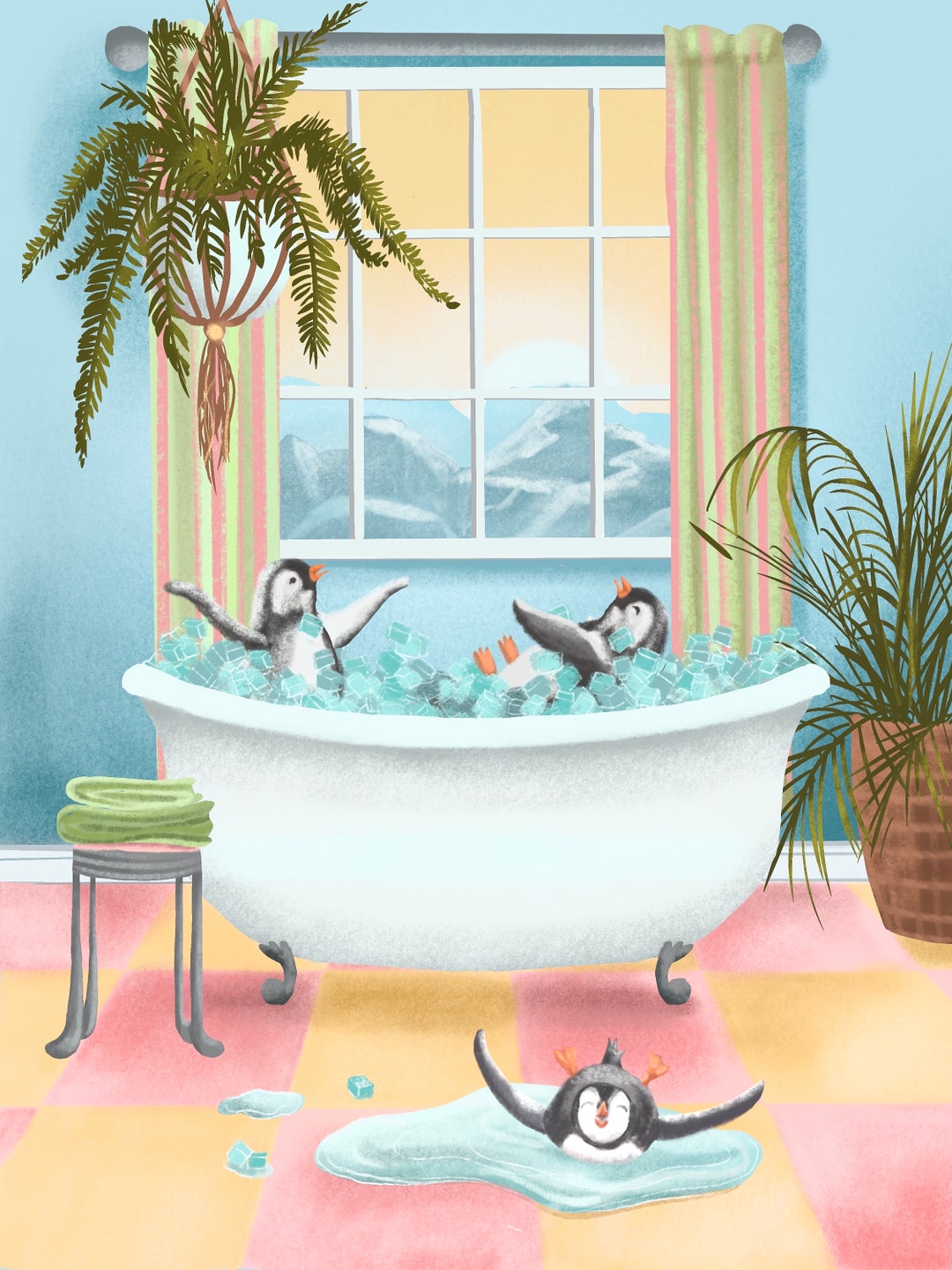 Penguins Plating in the Bath, Bathroom Print, Kids Room Decor, Playroom ...